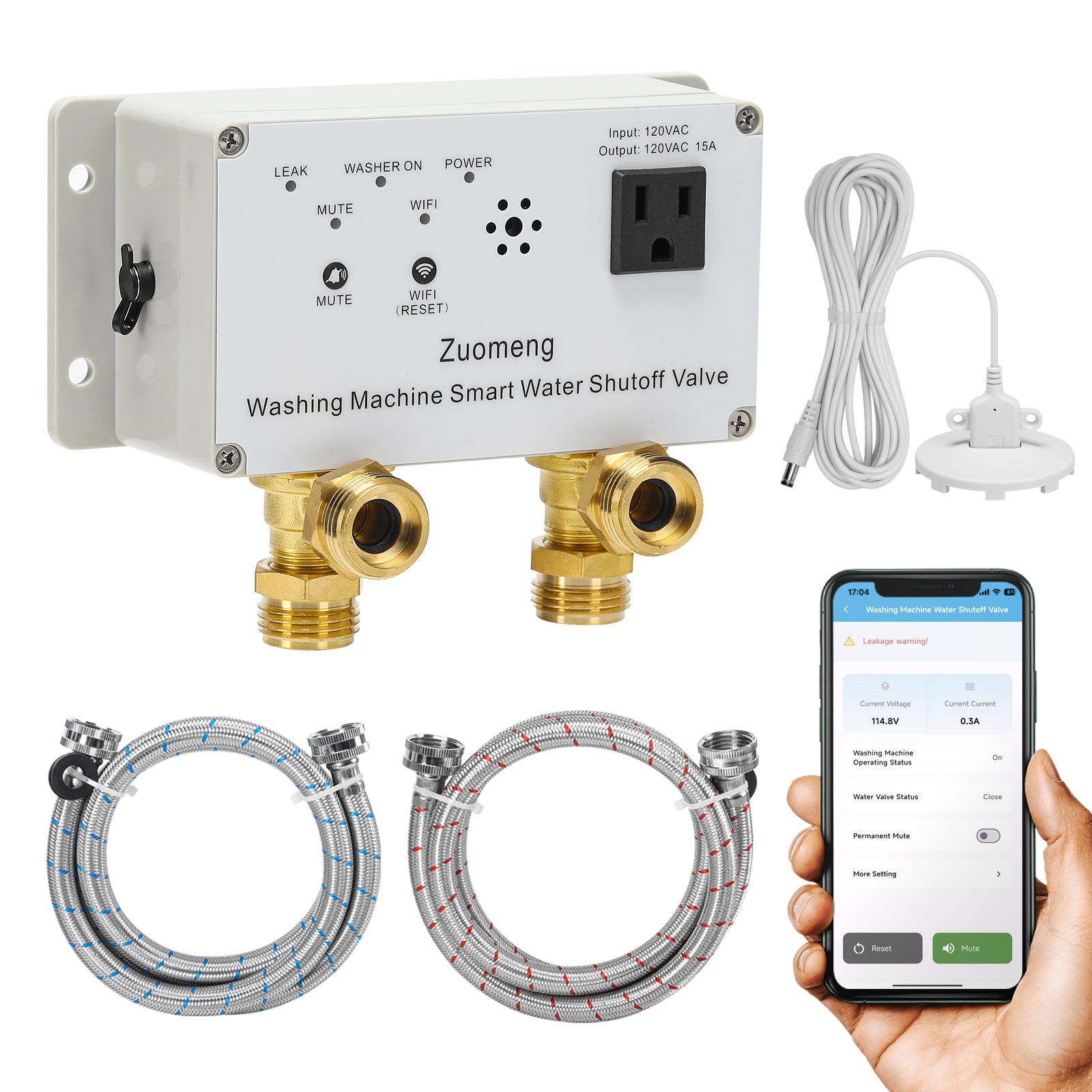 WiFi Smart Water Shutoff Valve with Leak Sensor, 3/4" Brass Valve & Ex ...